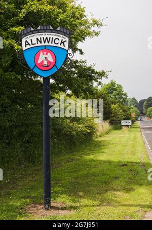 Alnwick signs on the road in to the market town in Northumberland, UK ...