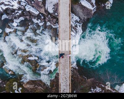 overhead top view of snowed bridge in the forest copy space Stock Photo ...