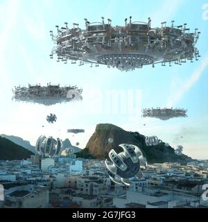 3d rendering. Futuristic city and spaceships Stock Photo - Alamy