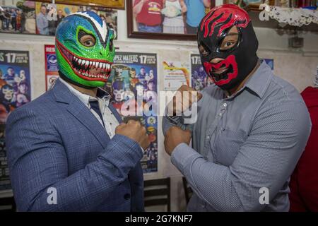 MEXICO CITY, MEXICO - JULY 14: Wrestlers (L-R) Espectro Jr, Hijo del ...