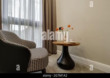 decor elements of the guest room and rest room with a tea table, an ...
