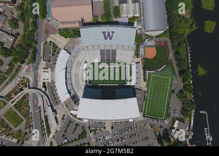 An aerial view of the Husky Softball Stadium on the campus of the ...