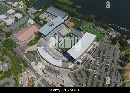 An aerial view of the Husky Softball Stadium on the campus of the ...