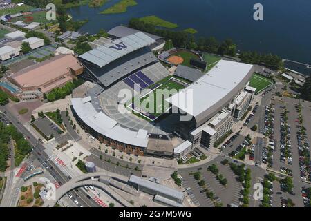 An aerial view of the Husky Softball Stadium on the campus of the ...