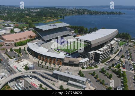 An aerial view of the Husky Softball Stadium on the campus of the ...