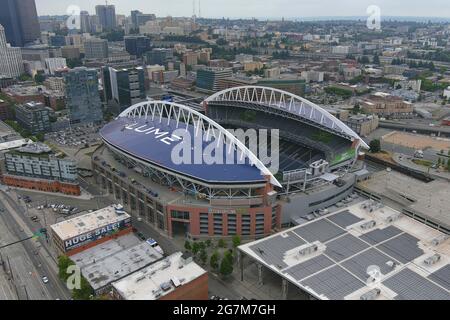 A general view of Lumen Field stadium at sunset during the 2026 World ...