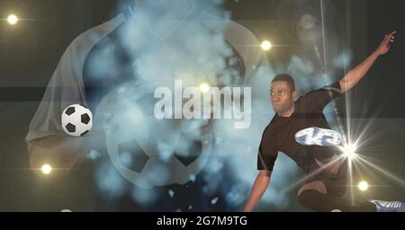Smoke effect over two male soccer players against spot of lights on ...