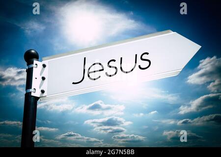 One way Jesus sign in apartment block window Sydney Stock Photo - Alamy