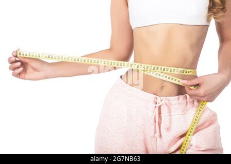 Woman with measuring tape. Weight loss concept. Woman take waist scale tape show her thin waist. Slim girl with centimeter. Closeup woman measuring Stock Photo Alamy