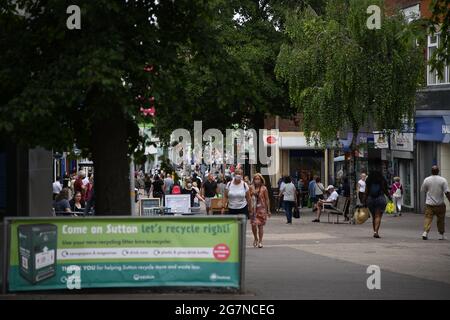 Sutton High Street shoppers and shops in the Town Centre , Surrey ...