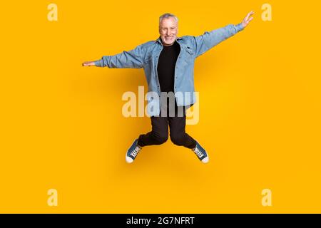 Full size photo of optimistic granddad jump wear jacket pants sneakers ...