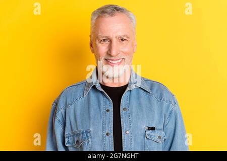 Photo of optimistic aged grandpa wear jeans blazer isolated on vibrant ...