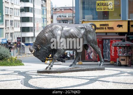 ISTANBUL, TURKEY - APRIL 23, 2021 : The symbol of KadIkoy, the bull ...
