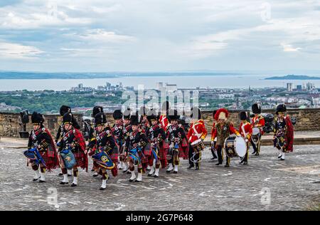 Royal Scots Guards military pipers playing bagpipes in kilt uniforms at ...