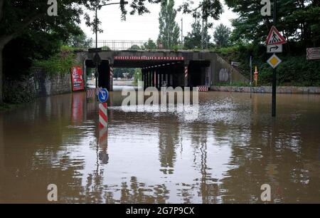 Düsseldorf, Germany - 15 July 2021: Extreme weather - a flooded street ...