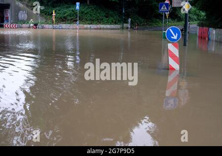 Düsseldorf, Germany - 15 July 2021: Extreme weather - a flooded street ...