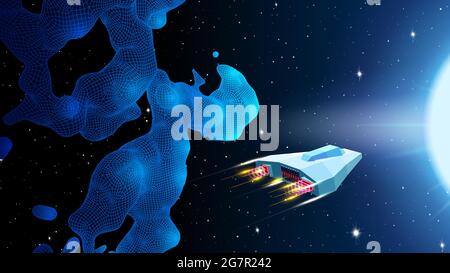 Arcade space ship flying to the gateway in blue corridor 3D landscape ...