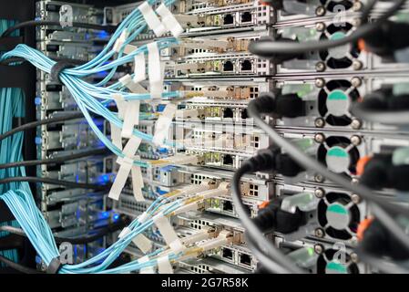 Working servers, switches or routers in data center with a lot of led ...