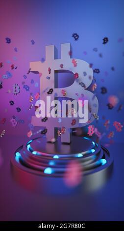 3D rendering of small icons surrounding a shiny bitcoin trophy isolated ...