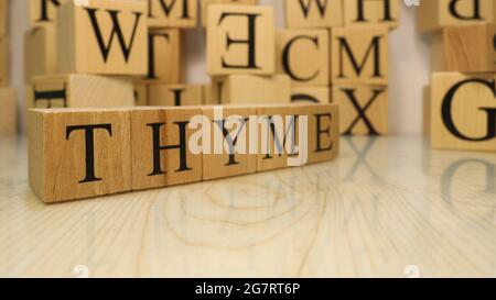 The word Thyme was created from wooden letter cubes. Gastronomy and ...