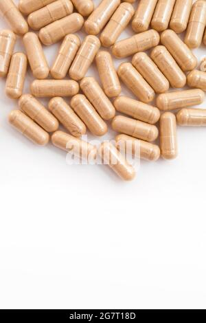 Different pills, tablets and capsules. Assorted of medicines. Top view ...