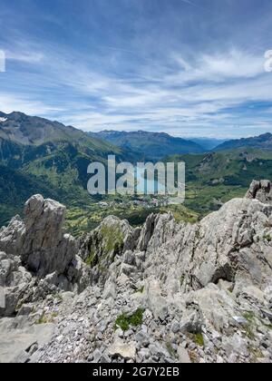 A vertical of a road in a forest in the Pyrenees, Catalonia, Spain on a ...
