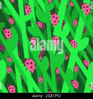 Ladybug in grass pattern seamless. Red small bug background. beetle ...