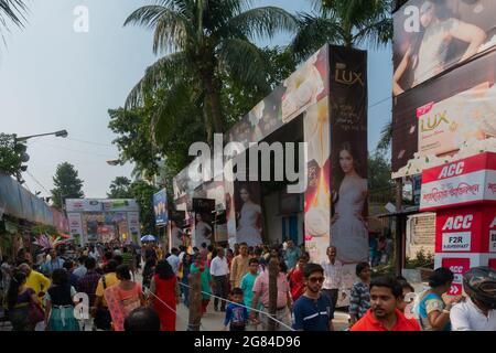 Durga Puja festival ceremony hoarding below tree, calcutta, kolkata ...