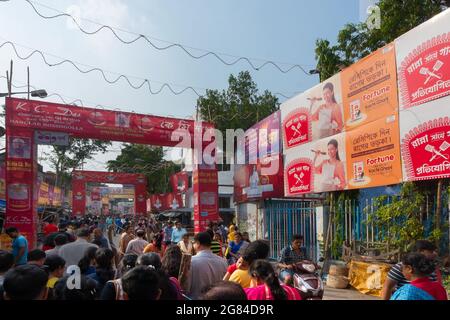 Durga Puja festival ceremony hoarding below tree, calcutta, kolkata ...