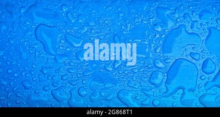 Banner of water drops on blue background. Water droplets on glass ...