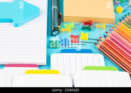 Back to school, stationary on blue background Stock Photo - Alamy