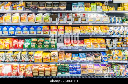 POZNAN, POLAND - JUN 22, 2021: Dairy food products put up for sale in a ...