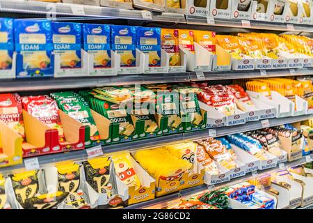 POZNAN, POLAND - JUN 22, 2021: Dairy food products put up for sale in a ...