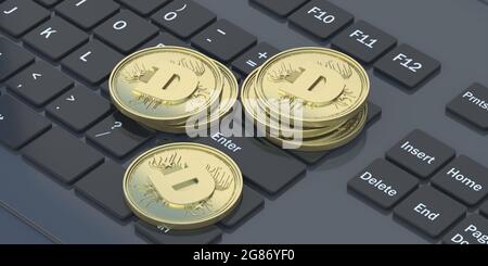 Dogecoin, crypto currency gold goge coins stacked on black background ...