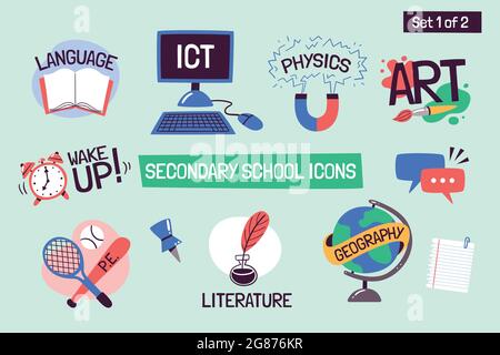 School subjects educational icons. Hand-drawn vector labels with ...