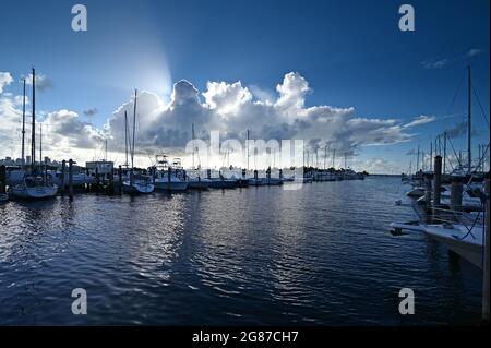 Bright suummer cloudscape reflected in tranquil water of Dinner Key ...