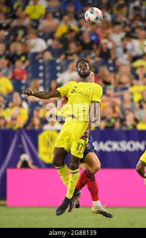 July 17, 2021: Nashville SC midfielder Randall Leal (8) takes a shot on ...