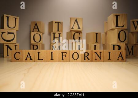 The word California was created from wooden letter cubes. Cities and ...