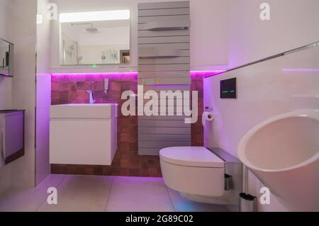 Bathroom with wood-look tile wall, designer white porcelain sinks, and ...