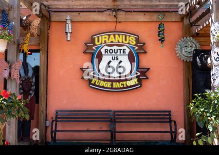 St Robert, Missouri, MO, USA On Route 66, neon sign of the Uranus Fudge ...