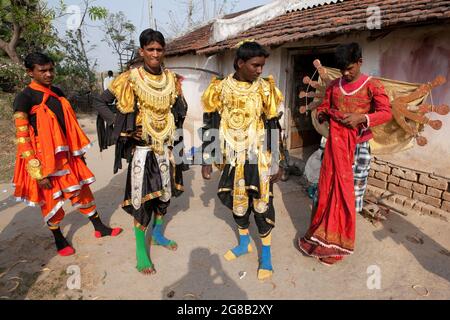 Chou dancers preparing for chou dance, a folk dance of India, where ...