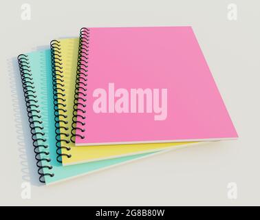 Stacked spiral binder notebooks. Blank colourful notebooks. Closeup ...