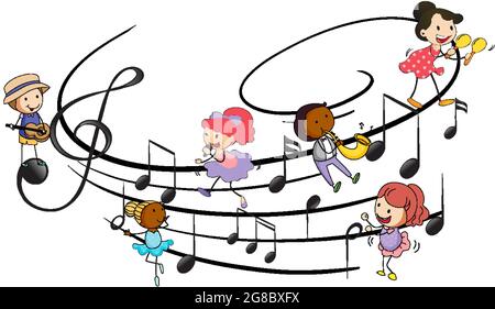 Musical melody symbols with many doodle kids cartoon character ...