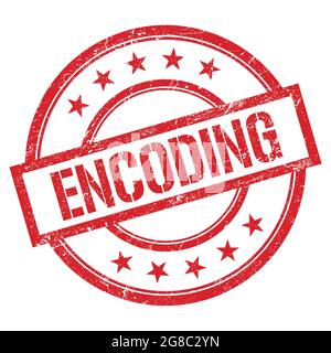 ENCODING text written on red grungy zig zag borders round stamp Stock ...