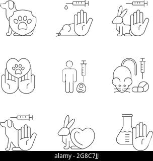 Stop animal testing linear icons set. Pet protection and welfare. Vegan ...