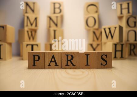 The word Paris was created from wooden letter cubes. Cities and words ...