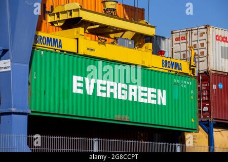 A Evergreen Line container being loaded at the port of Mannheim ...