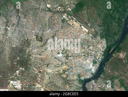 SOUTH SUDAN, aerial view of capital Juba at river white Nile and Nile ...