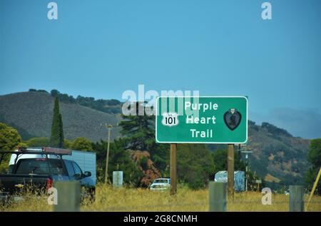 Purple Heart Trail, sign on highway US 101, to acknowledge winners of ...