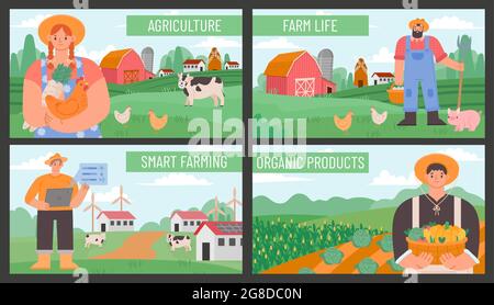 Farm banners. Posters with countryside agriculture landscape and ...